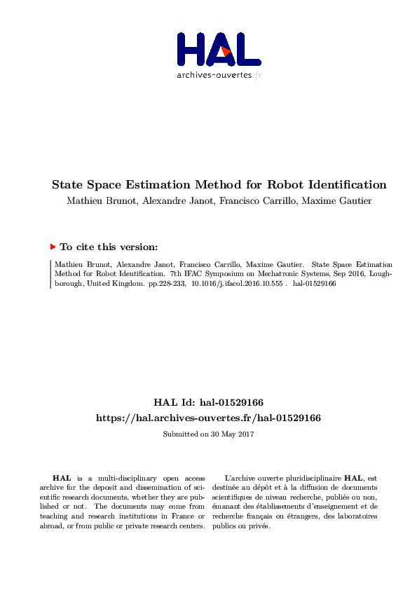 Pdf State Space Estimation Method For Robot Identification