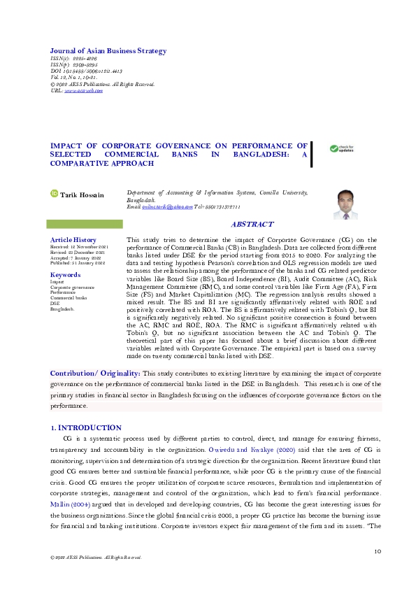 (PDF) Impact of Corporate Governance on Performance of Selected ...