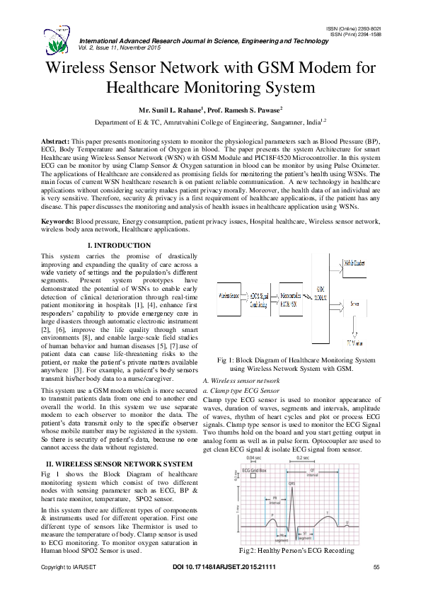 (PDF) Wireless Sensor Network with GSM Modem for Healthcare Monitoring System