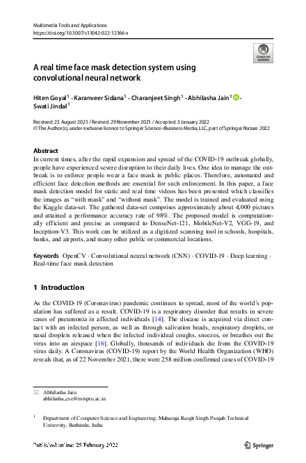 Pdf A Real Time Face Mask Detection System Using Convolutional Neural Network Hiten Goyal