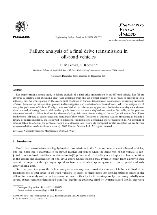 (PDF) Failure analysis of a final drive transmission in off-road vehicles