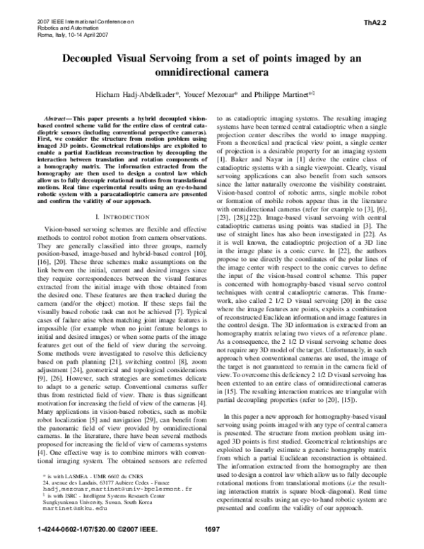 (PDF) Decoupled Visual Servoing from a set of points imaged by an omnidirectional camera