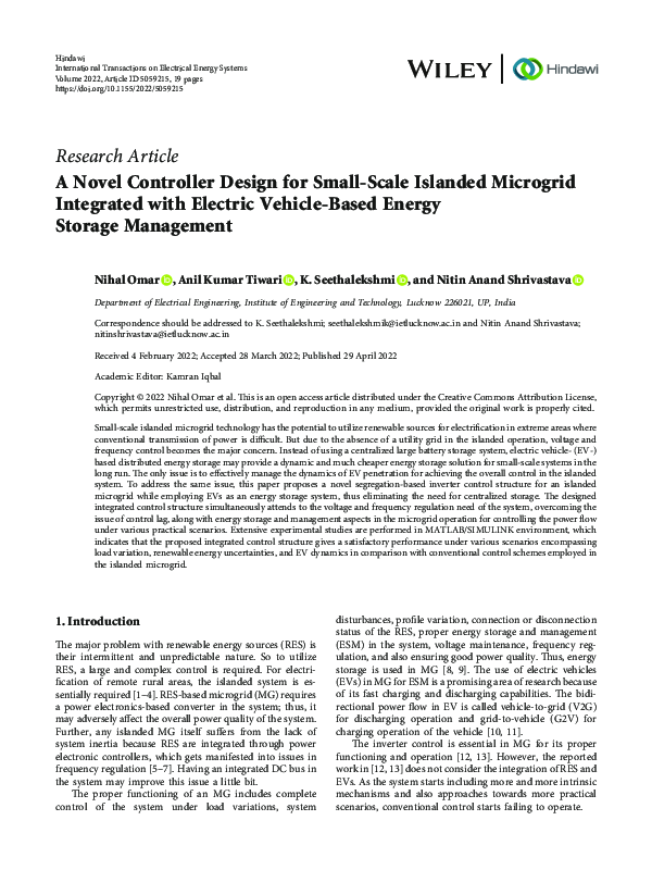 (PDF) A Novel Controller Design for Small-Scale Islanded Microgrid Integrated with Electric ...