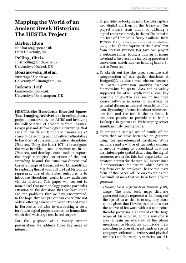 (PDF) Mapping the World of an Ancient Greek Historian: The HESTIA Project