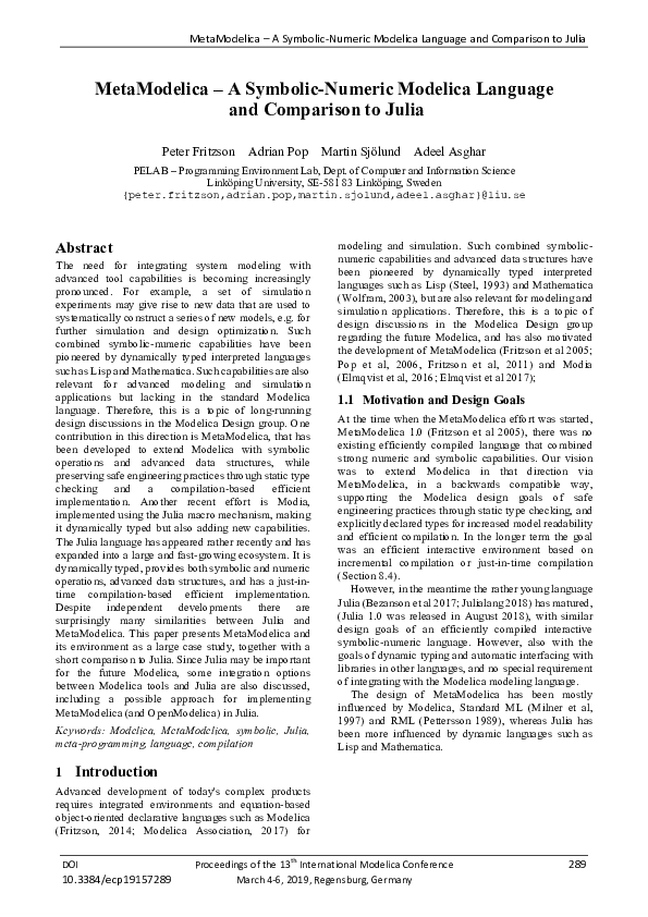 (PDF) MetaModelica - A Symbolic-Numeric Modelica Language and Comparison to Julia