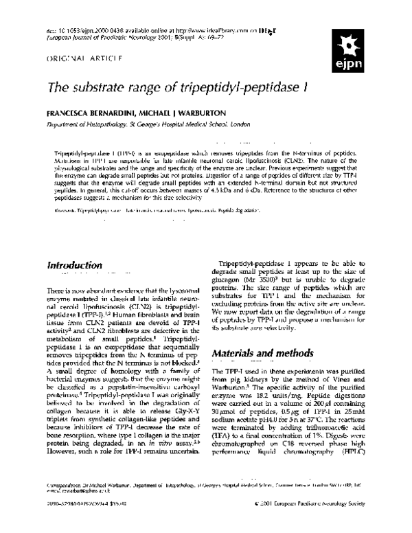 Pdf The Substrate Range Of Tripeptidyl Peptidase I