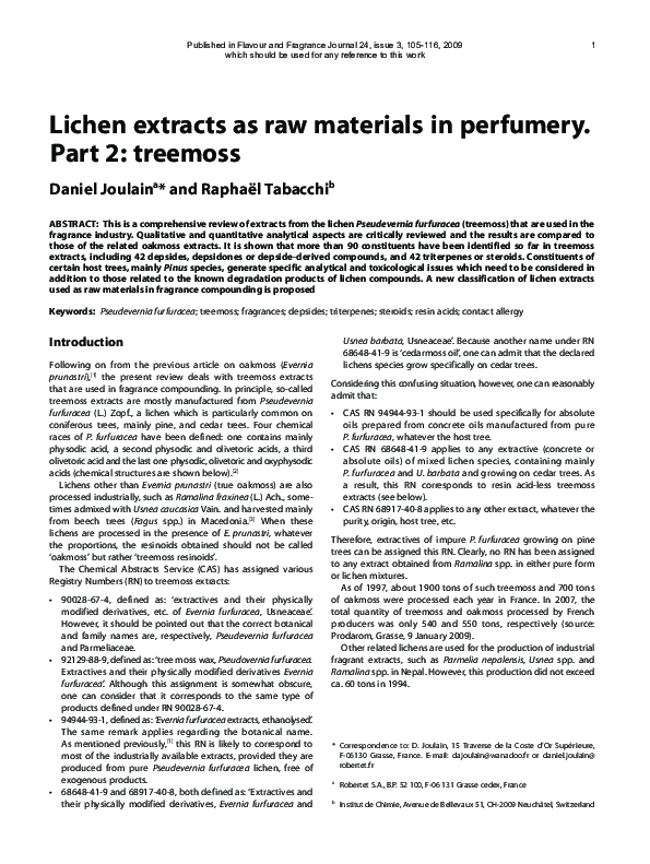 (PDF) Lichen extracts as raw materials in perfumery. Part 2: treemoss