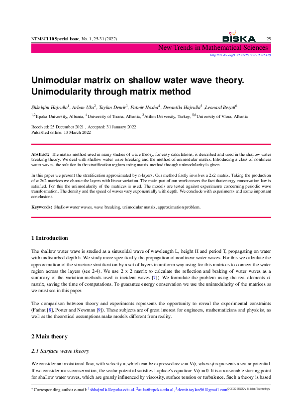 Pdf Unimodular Matrix On Shallow Water Wave Theory Unimodularity Through Matrix Method