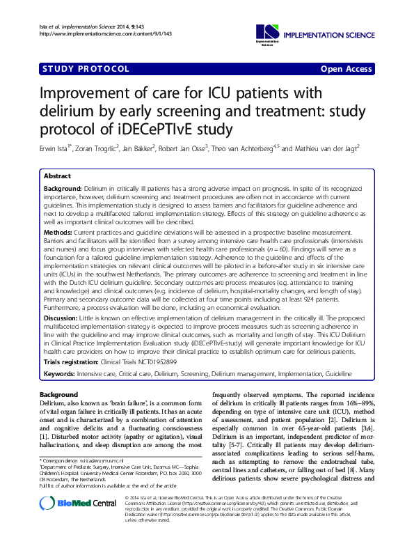 (PDF) Improvement of care for ICU patients with delirium by early ...