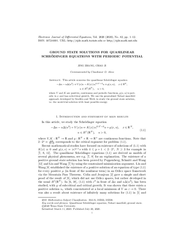 (PDF) Ground State Solutions for Quasilinear Schrödinger Equations with ...