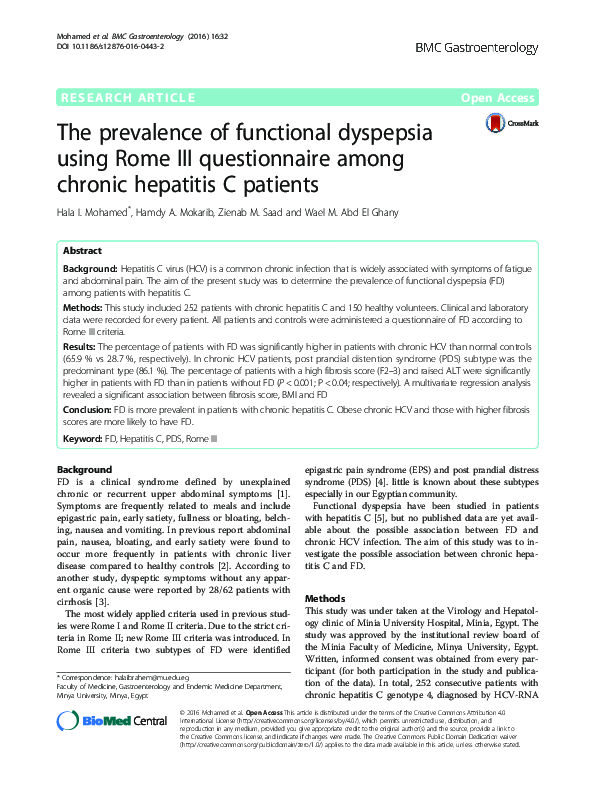 (PDF) The prevalence of functional dyspepsia using Rome III questionnaire among chronic ...