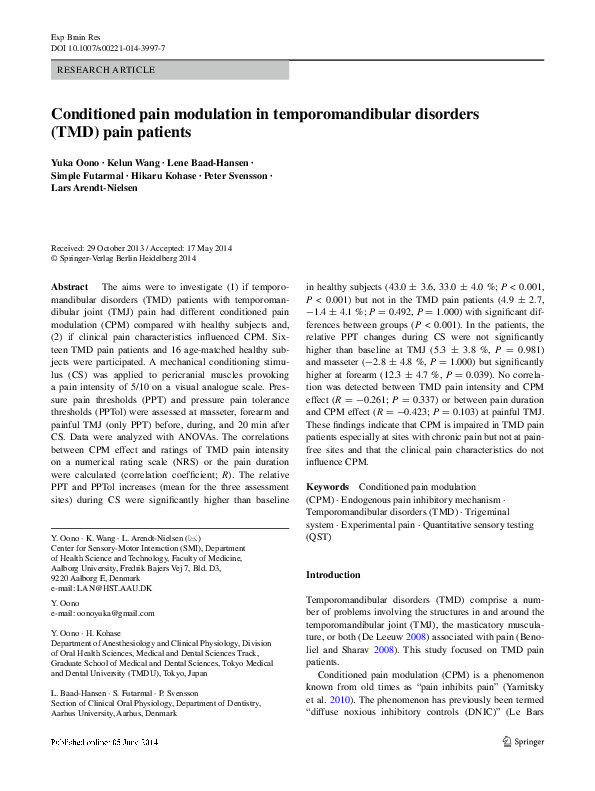 (PDF) Conditioned pain modulation in temporomandibular disorders (TMD ...