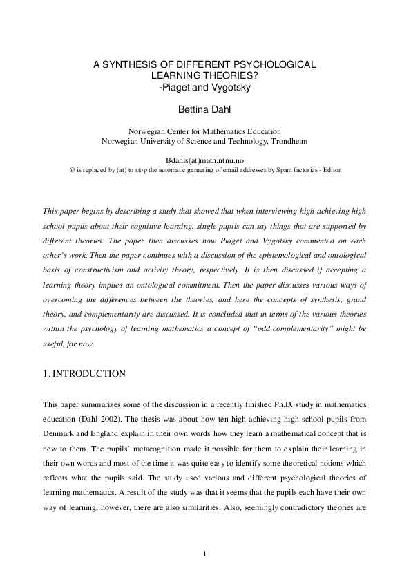(PDF) A synthesis of different psychological learning theories? Piaget ...