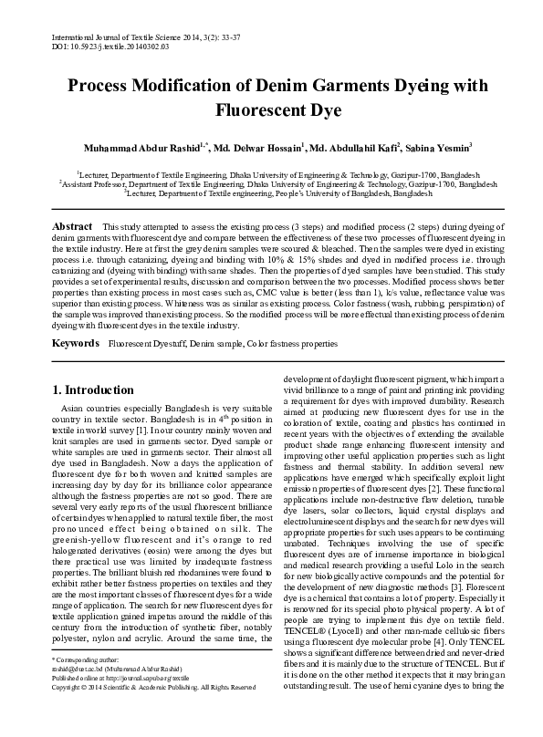 (PDF) Process Modification of Denim Garments Dyeing with Fluorescent Dye