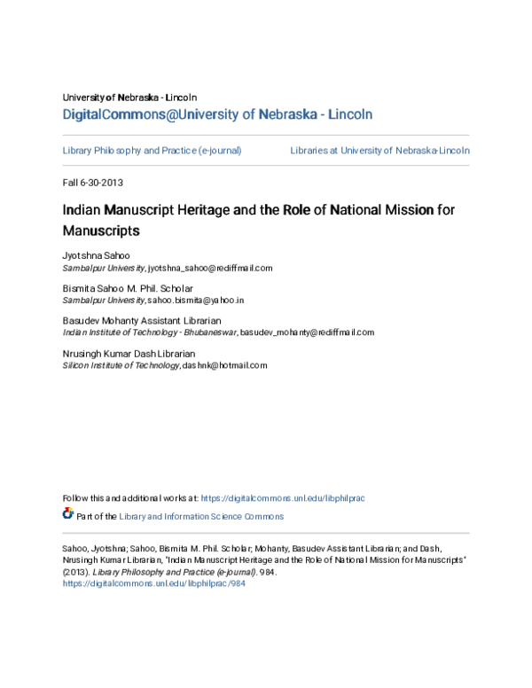 (PDF) Indian Manuscript Heritage and the Role of National Mission for ...