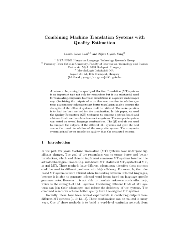 (PDF) Combining Machine Translation Systems with Quality Estimation