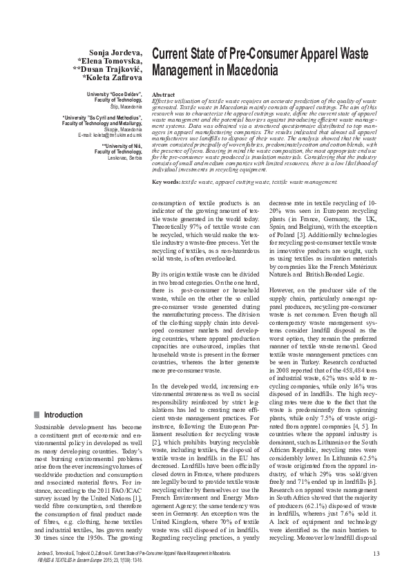 (PDF) Current State of Pre-Consumer Apparel Waste Management in Macedonia