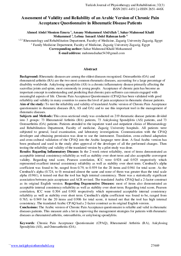 (PDF) Assessment of Validity and Reliability of an Arabic Version of Chronic Pain Acceptance ...
