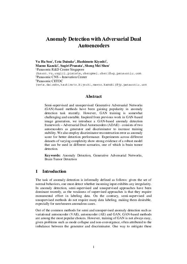 (PDF) Anomaly Detection with Adversarial Dual Autoencoders (PDF) Anomaly Detection with Adversarial Dual Autoencoders