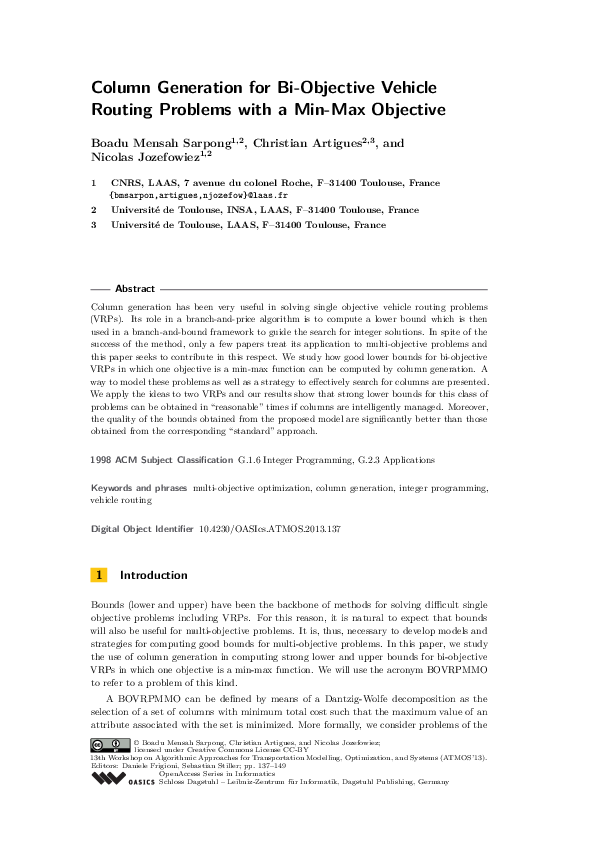 Pdf Column Generation For Bi Objective Vehicle Routing Problems With A Min Max Objective
