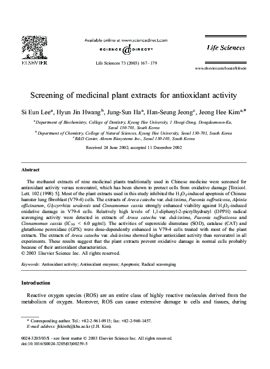 (PDF) Screening of medicinal plant extracts for antioxidant activity