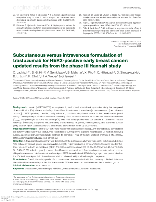 (PDF) Subcutaneous versus intravenous formulation of trastuzumab for HER2-positive early breast ...