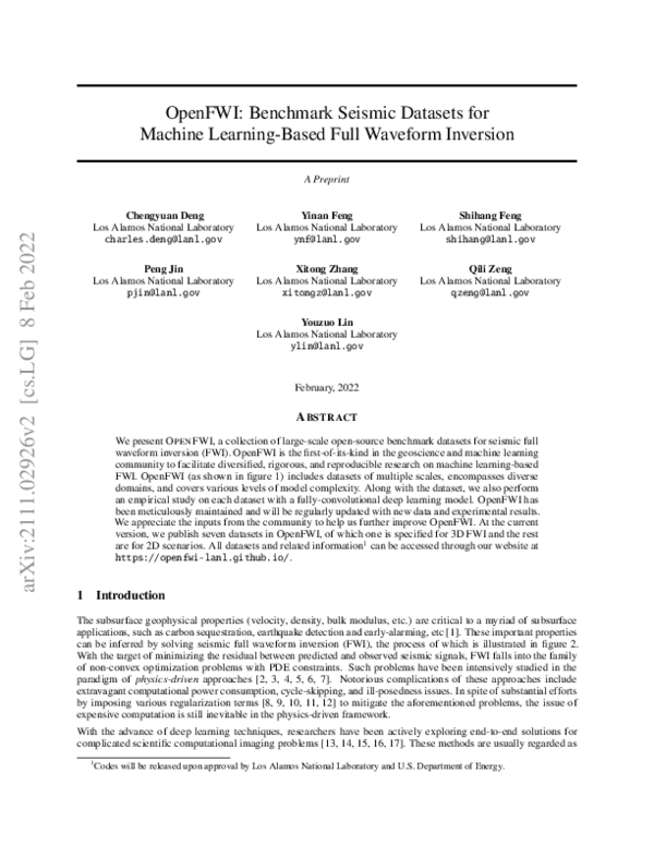 (PDF) OpenFWI: Benchmark Seismic Datasets for Machine Learning-Based Full Waveform Inversion