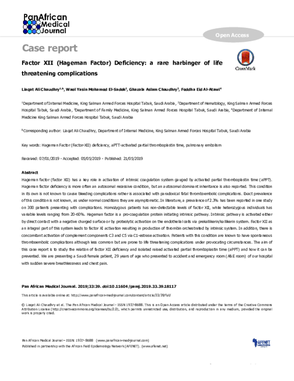 (PDF) Factor XII (Hageman Factor) Deficiency: a rare harbinger of life ...