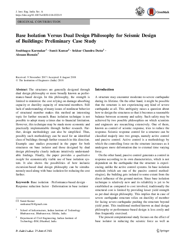 (PDF) Base Isolation Versus Dual Design Philosophy for Seismic Design ...