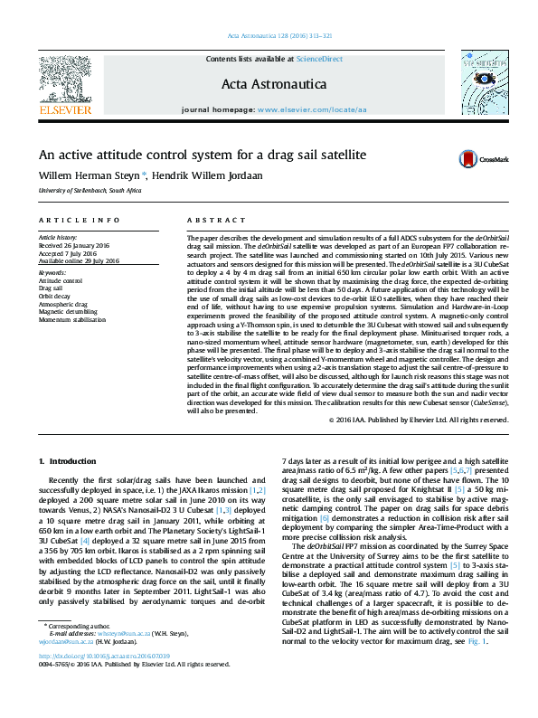 (PDF) An active attitude control system for a drag sail satellite