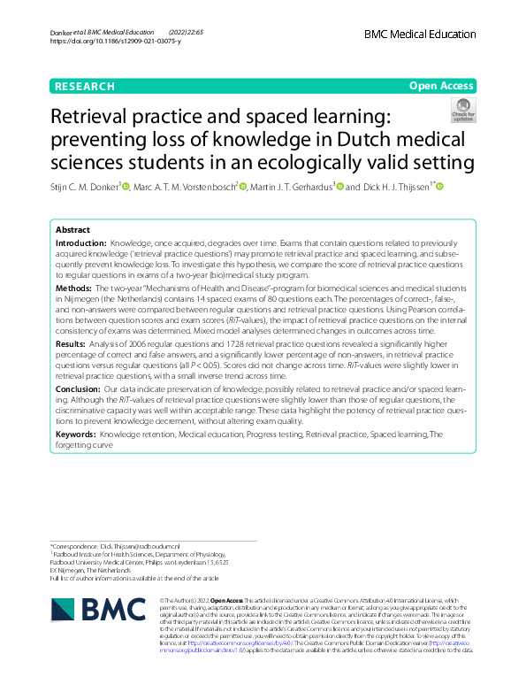 (PDF) Retrieval practice and spaced learning: preventing loss of ...