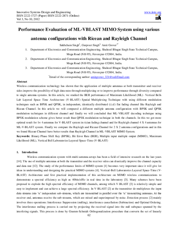 Pdf Performance Evaluation Of Ml Vblast Mimo System Using Various Antenna Configurations With