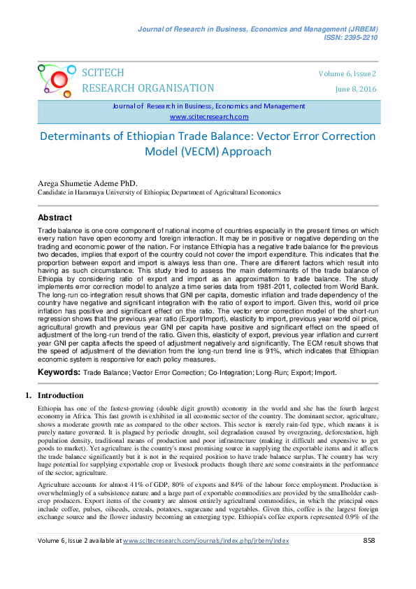 (PDF) Determinants of Ethiopian Trade Balance: Vector Error Correction Model (VECM) Approach