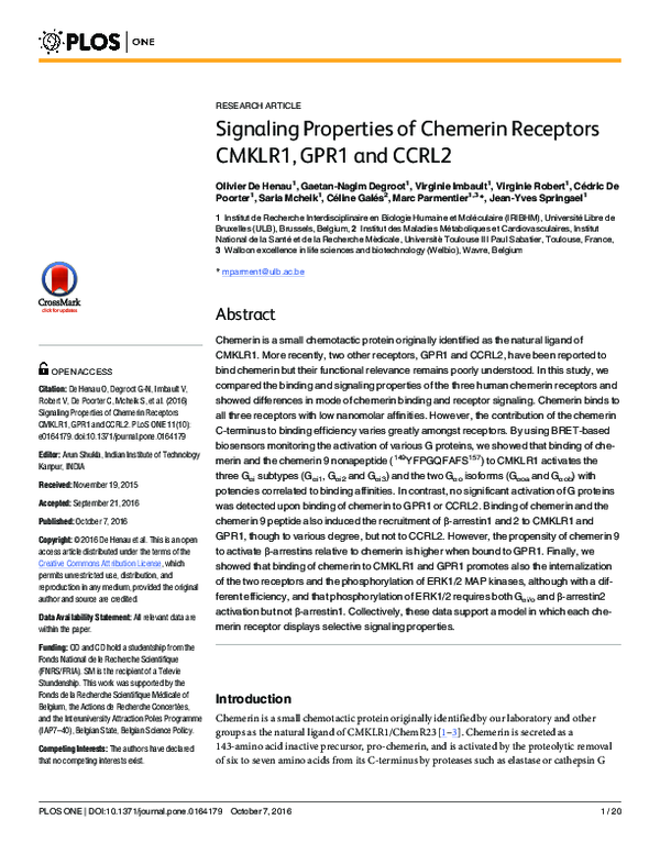 (PDF) Signaling Properties of Chemerin Receptors CMKLR1, GPR1 and CCRL2