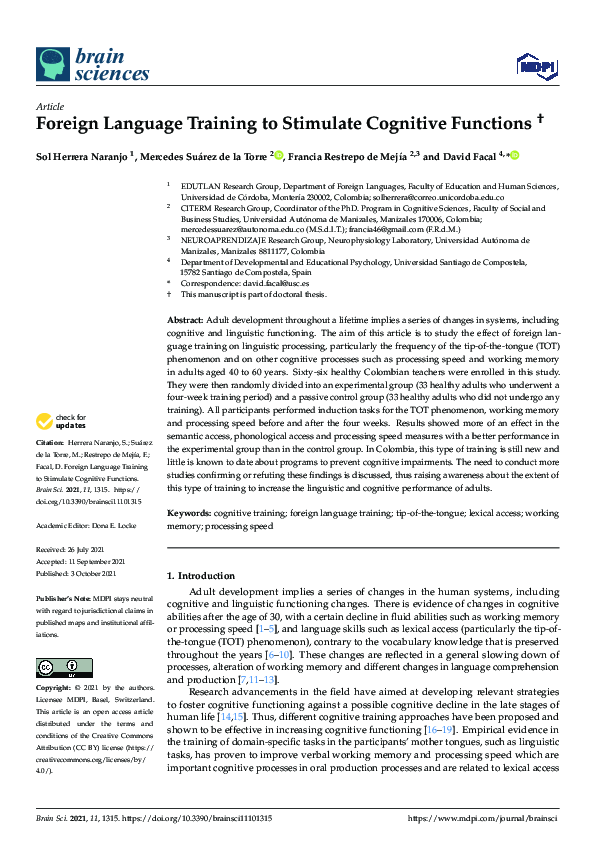 (PDF) Foreign Language Training to Stimulate Cognitive Functions