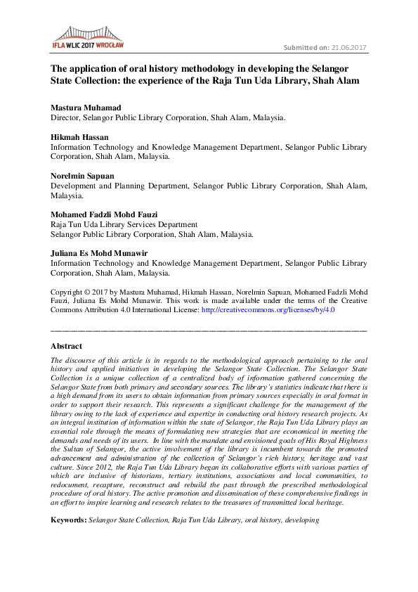 (PDF) The application of oral history methodology in developing the ...