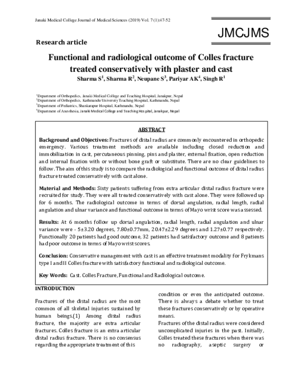 (PDF) Functional and radiological outcome of Colles fracture treated ...