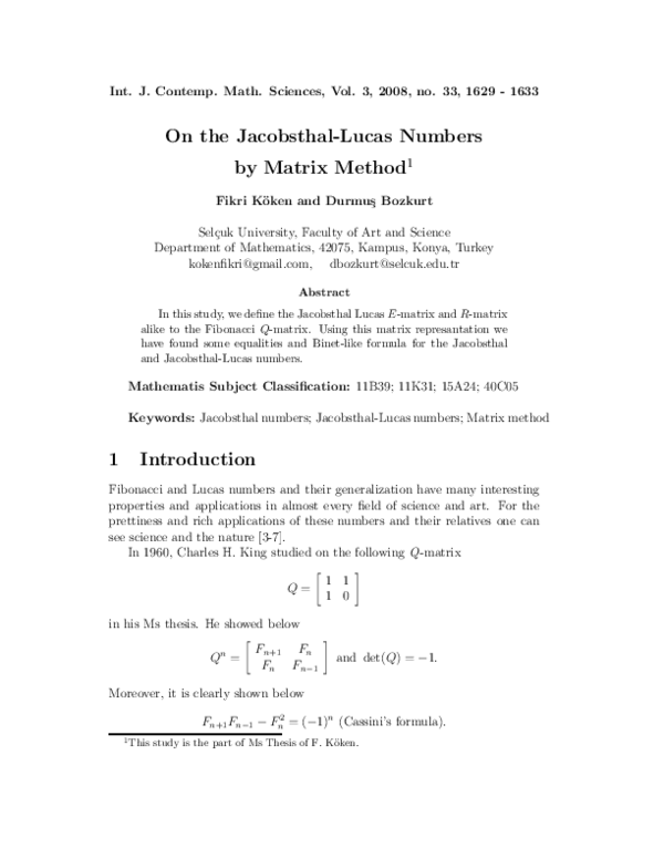(PDF) On the Jacobsthal-Lucas Numbers by Matrix Method