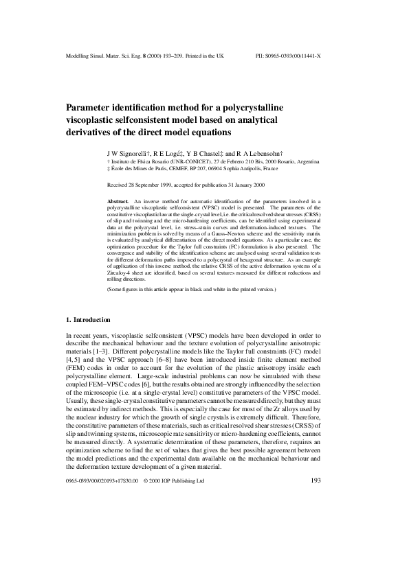 (PDF) Parameter identification method for a polycrystalline viscoplastic selfconsistent model ...