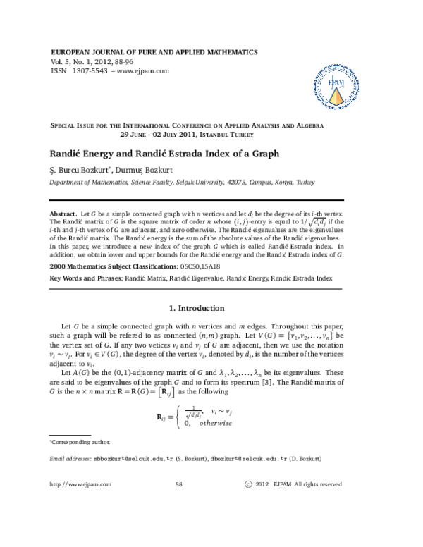 (PDF) Randi ́c Energy and Randi ́c Estrada Index of a Graph
