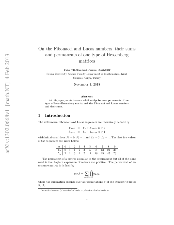 (PDF) On the Fibonacci and Lucas numbers, their sums and permanents of ...