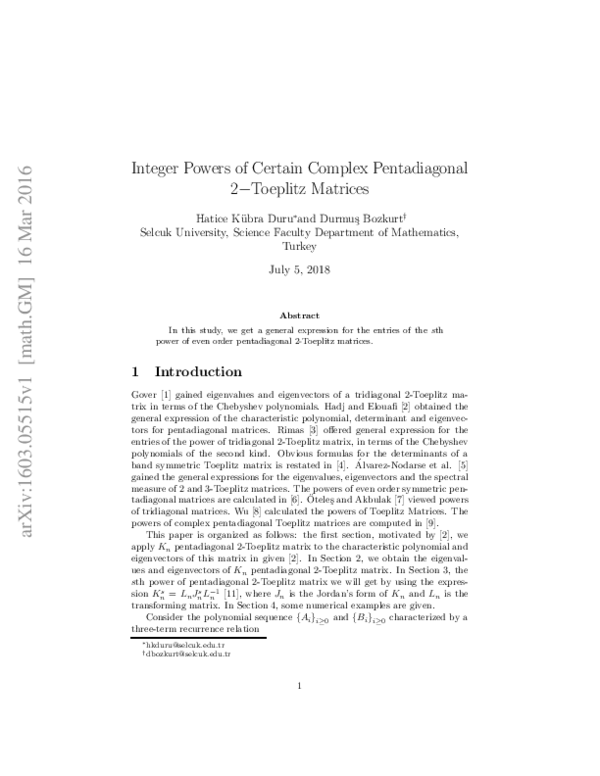 (PDF) Integer Powers of Certain Complex Pentadiagonal Toeplitz Matrices | Durmuş Bozkurt ...