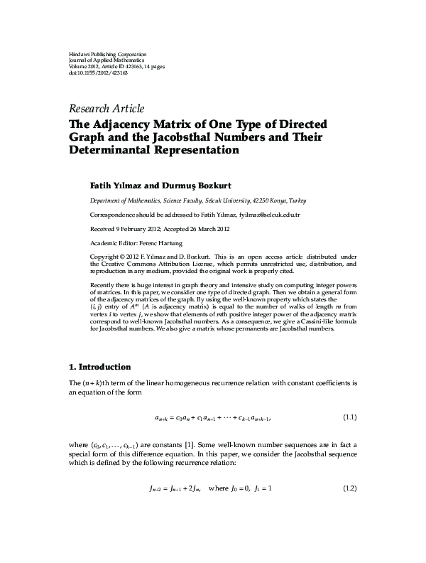 (PDF) The Adjacency Matrix of One Type of Directed Graph and the ...