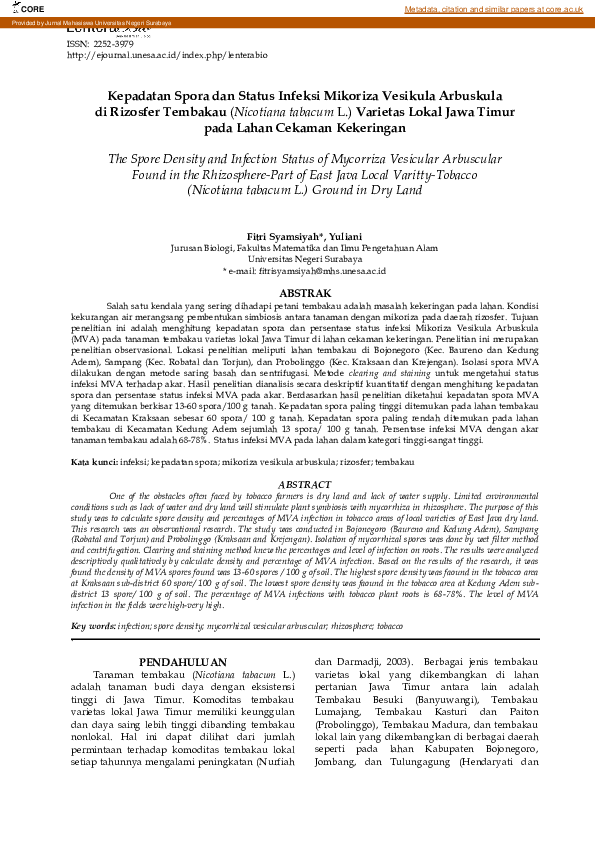 (PDF) Kepadatan Spora dan Status Infeksi Mikoriza Vesikula Arbuskula di ...