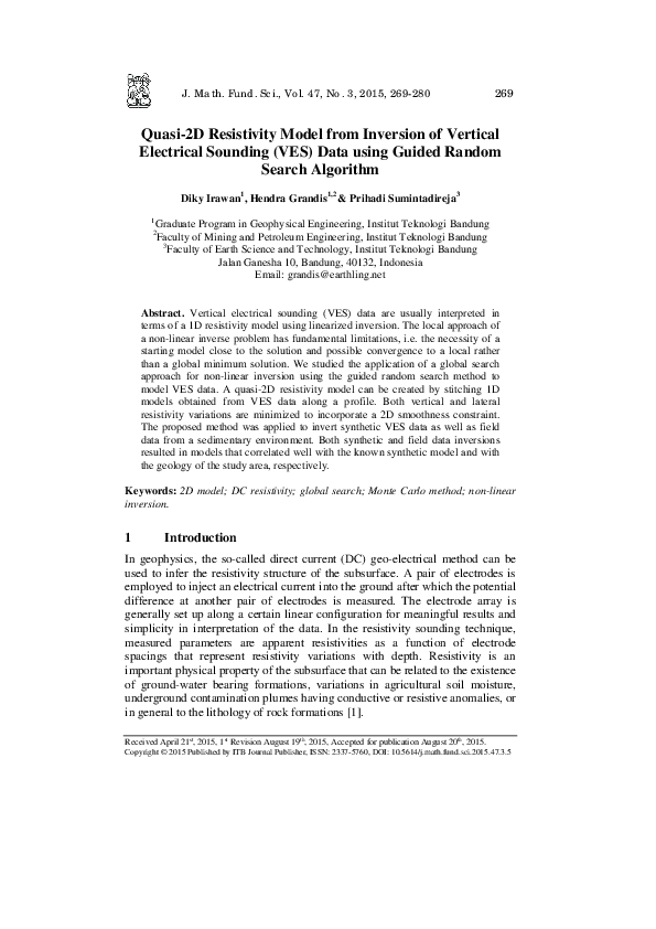 (PDF) Quasi-2D Resistivity Model from Inversion of Vertical Electrical Sounding (VES) Data using ...