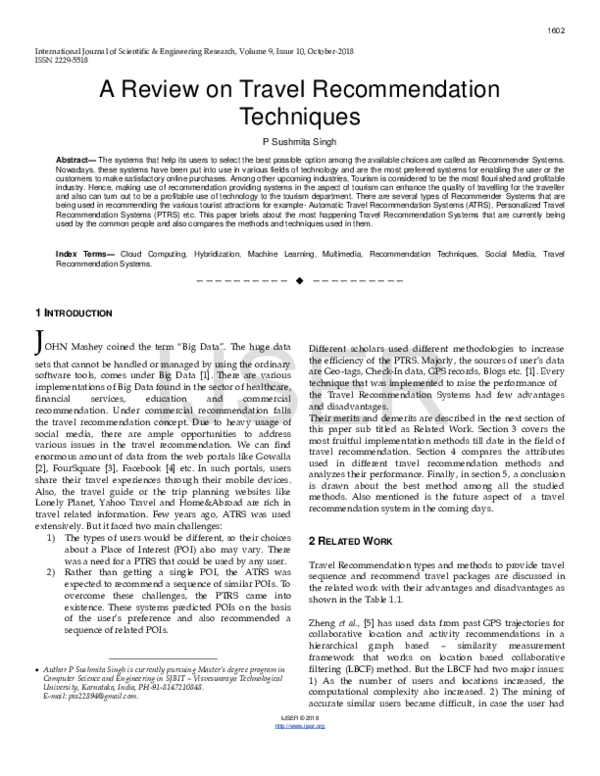 (PDF) A Review on Travel Recommendation Techniques