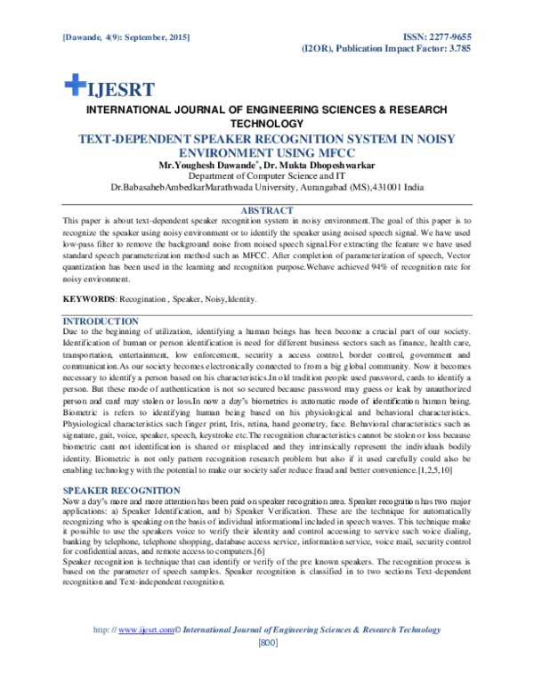(PDF) Text-Dependent Speaker Recognition System in Noisy Environment Using MFCC | Mukta ...