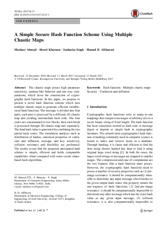 (PDF) A Simple Secure Hash Function Scheme Using Multiple Chaotic Maps