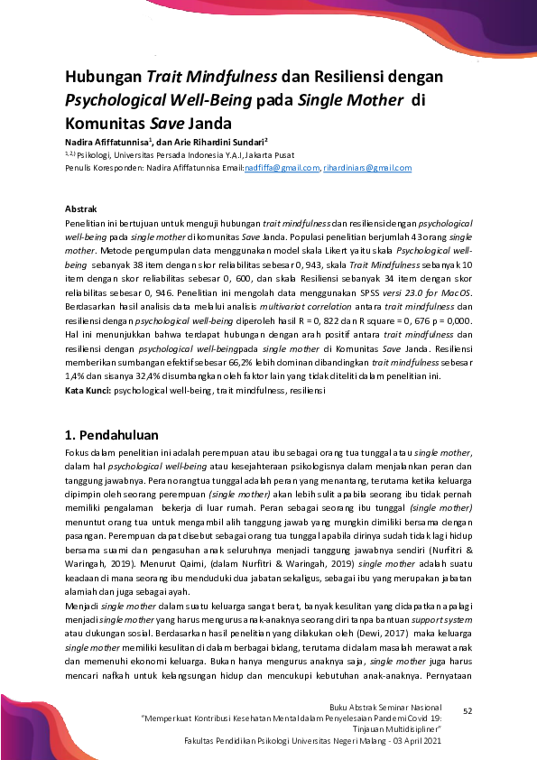 (PDF) Hubungan Trait Mindfulness dan Resiliensi dengan Psychological Well-Being pada Single ...