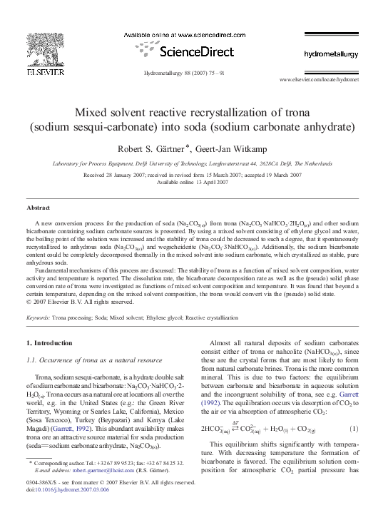 (PDF) Mixed solvent reactive recrystallization of trona (sodium sesqui ...